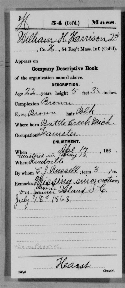 Massachusetts Harrison William Henry Age 22 Year 1863 54th