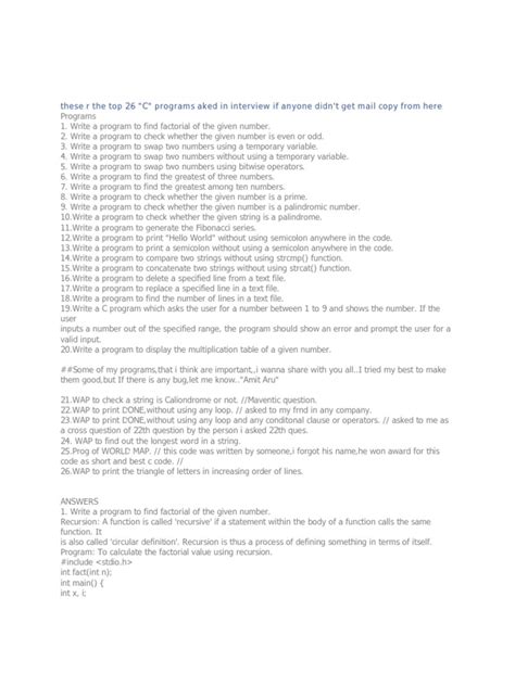 These R The Top 26 C Programs Aked In Interview If Anyone Didnt Get Mail Copy From Here Pdf