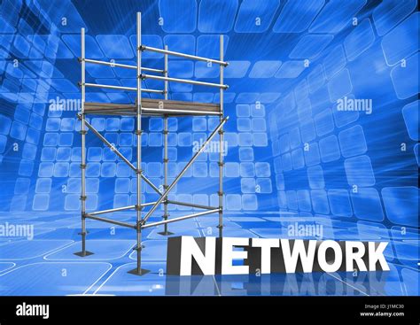Digital Composite Of Network Text With 3d Scaffolding And Technology