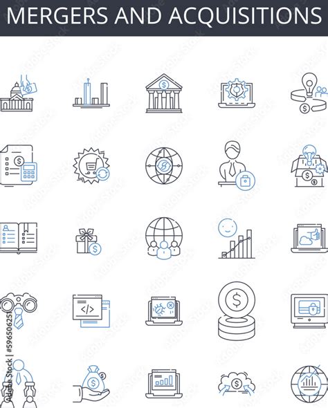 Mergers And Acquisitions Line Icons Collection Consolidation Amalgamation Integration