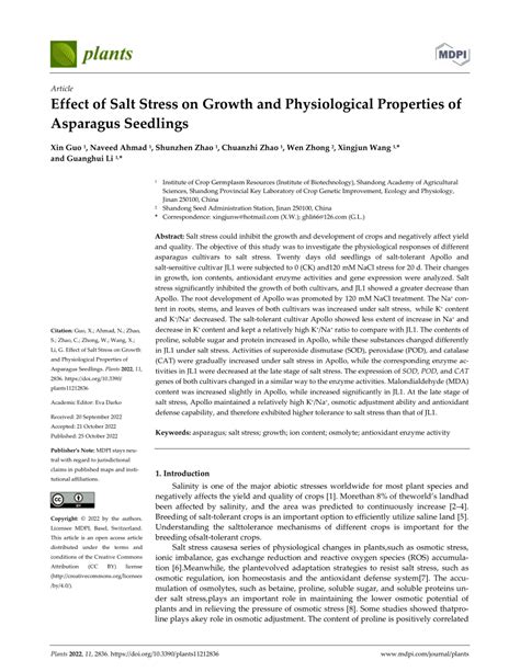 Pdf Effect Of Salt Stress On Growth And Physiological Properties Of Asparagus Seedlings
