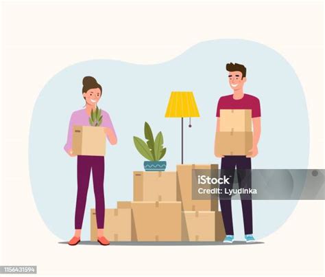 남자와 여자는 상자를 들고 있다 이동 벡터 플랫 스타일 일러스트레이션 가족에 대한 스톡 벡터 아트 및 기타 이미지 가족 개념 남성 Istock