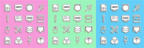 Set Line Isometric Cube Heart With Bezier Curve Paint Bucket Circle Picture Landscape