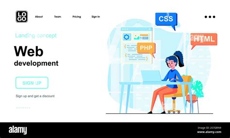 Web Development Web Concept Woman Writes Code In Different Program Languages Creates Page