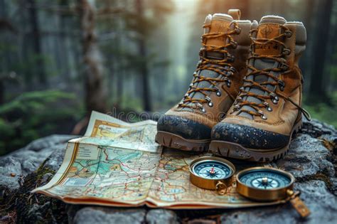 Hiking Boots And Compass On Forest Rock Stock Image Image Of