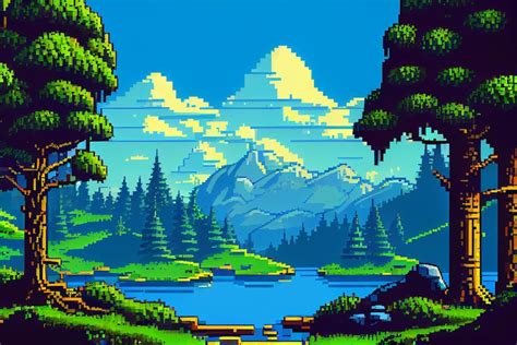 Premium Photo Video Game Background Landscape With Mountains And Forests In 16 Bit Pixels