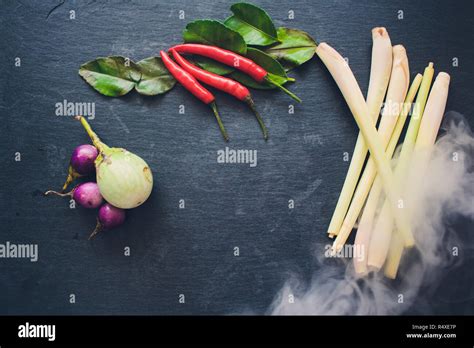 Ingredients For Popular Thai Soup Tom Yum Kung Lime Galangal Red