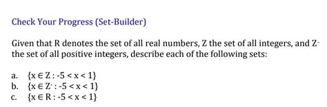 solved check your progress set builder given that r denotes the set