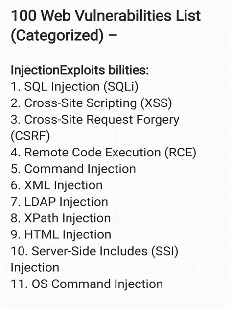100 Web Vulnerabilities List Categorized Checklist Pdf
