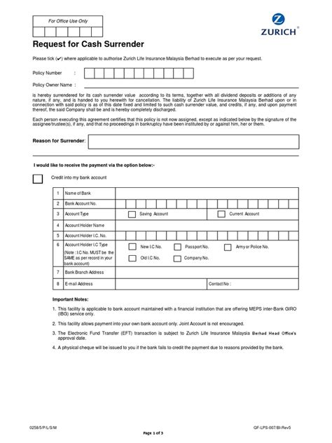 Zlimb Request For Cash Surrender Form Eng 29032019 Pdf Taxpayer Banks