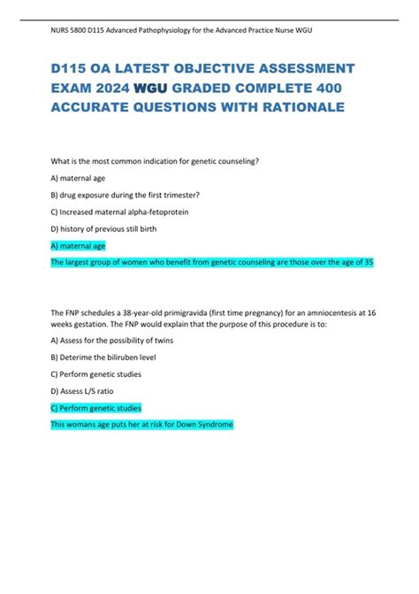 D115 Oa Latest Objective Assessment Exam 2024 Wgu Graded Complete 400