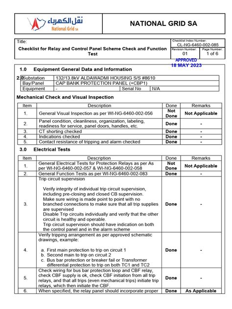 Cl Ng 6460 002 085 Checklist For Relay And Control Panel Scheme Check And