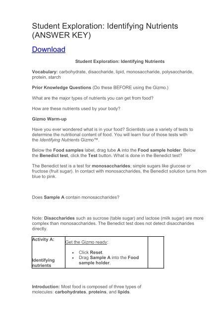 Student Exploration Identifying Nutrients Answer Key
