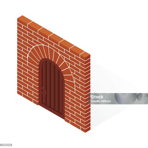 플랫 스타일의 문이있는 다채로운 등색 성 석조 건축 아치 만화 금속 게이트와 벽돌 벽 아이콘 흰색 배경에 분리 된 갈색 금속 게이트벡터 일러스트 레드 브릭 아치 3차원