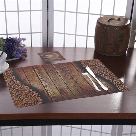Wooden Design Pvc 6 Piece Dining Table Placemat Set With Tea Coasters