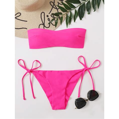 Shiny Seamless Bandeau Set With Criss Cross Lace Back Sexy Neon