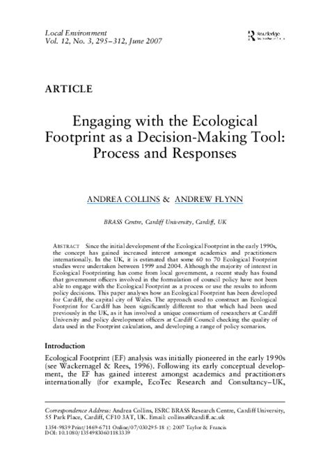 Pdf Engaging With The Ecological Footprint As A Decision Making Tool