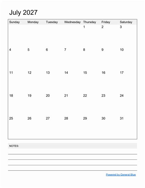 Free Printable Monthly Calendar For July 2027