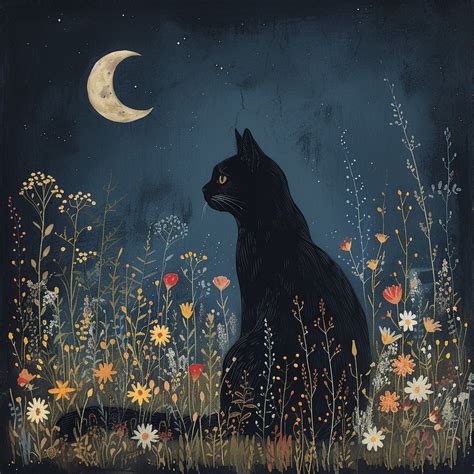 Profile Side View Of Black Cat Full Body Portrait Amongst Flowers