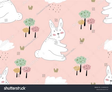Hand Drawing Cute Patternseamless Patten Rabbittree Stock Vector