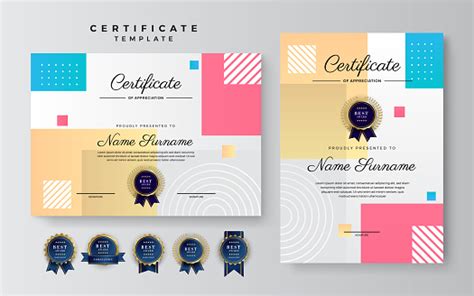 현대 다채로운 인증서 디자인 상 감사 업적 템플릿 고급 패턴 졸업장이있는 인증서 벡터 일러스트 레이 션과 럭셔리 프리미엄 배지는 빈티지와 라벨로 디자인됩니다
