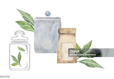 수채화 손으로 그린 그림입니다 도자기 찻주전자 컵 종이 봉지 녹색 잎 저장 항아리 흰색 배경에 격리되어 있습니다 초대장 카페 레스토랑 음식 메뉴 인쇄 웹 사이트 카드 자기