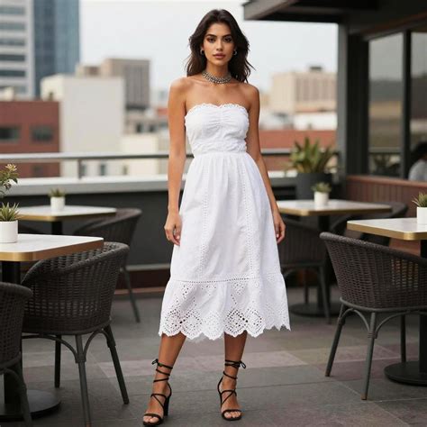 Willowy Woman In White Strapless Midi Dress With Eyelet Lace Swap Face