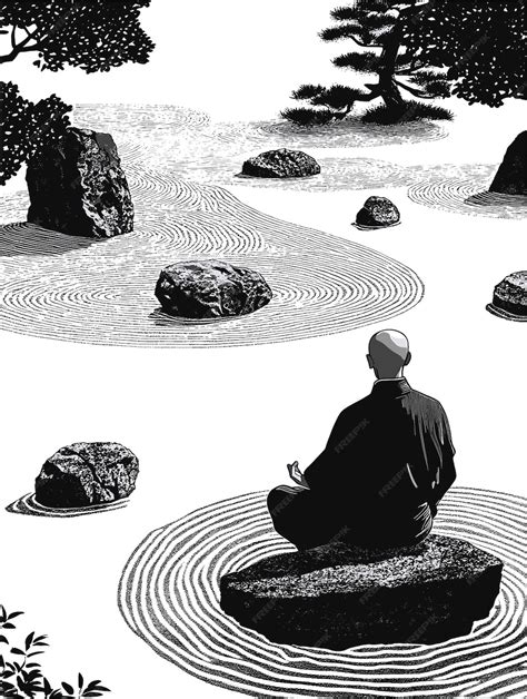 Zen Monk Meditating In Serene Japanese Garden Premium Ai Generated Vector