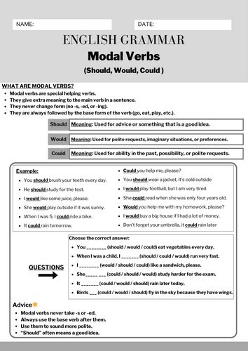 Modal Verbs Fun And Engaging Grammar Worksheets For Confident Learners