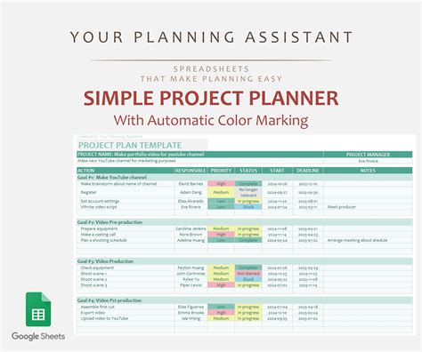 Simple Project Planning Spreadsheet Auto Color Marking Deadline Set Up Set Goals And