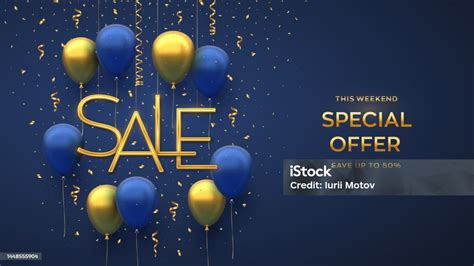 판매 디자인 배너 템플릿입니다 3d 축제 헬륨 풍선과 파란색 배경에 떨어지는 색종이가 있는 황금 금속 판매 편지를 매달고