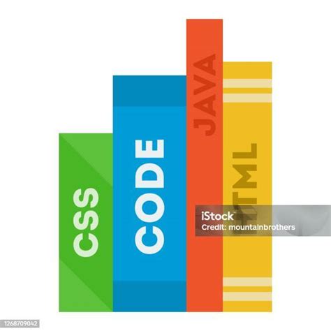不同顏色的程式設計書籍與文本css code java html平面圖示向量隔離向量圖形及更多圖示圖片 圖示 編碼 互聯網 istock