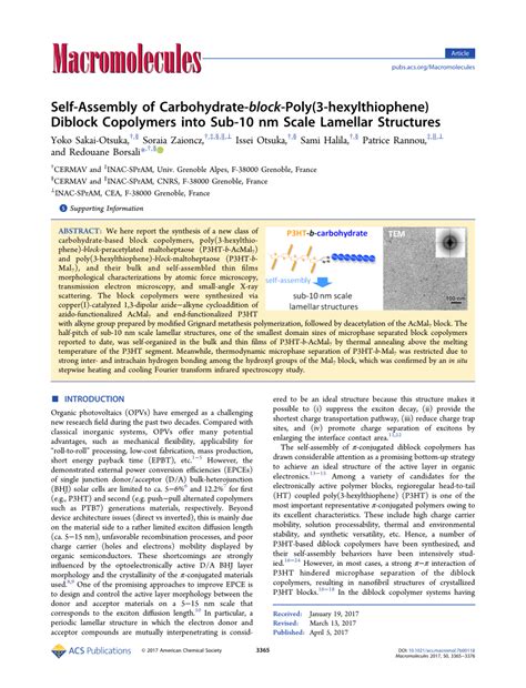 Pdf Self Assembly Of Carbohydrate Block Poly3 Hexylthiophene