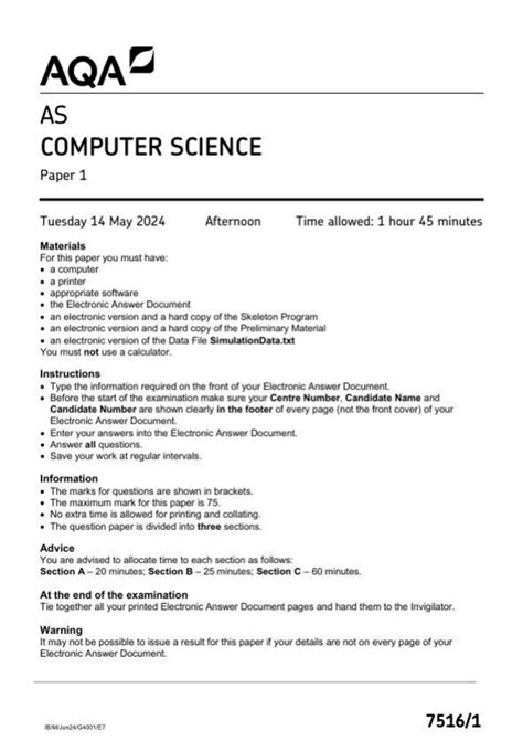 aqa as level computer science paper 1 and 2 june 2024 final question papers and mark schemes