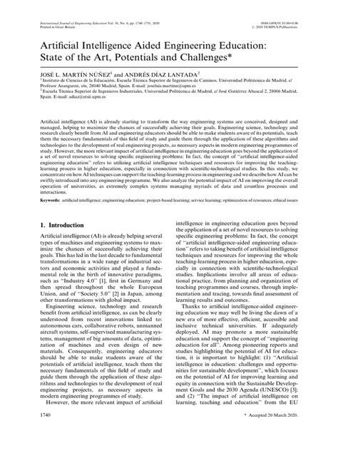 Artificial Intelligence Aided Engineering Education State Of The Art Potentials And Challenges