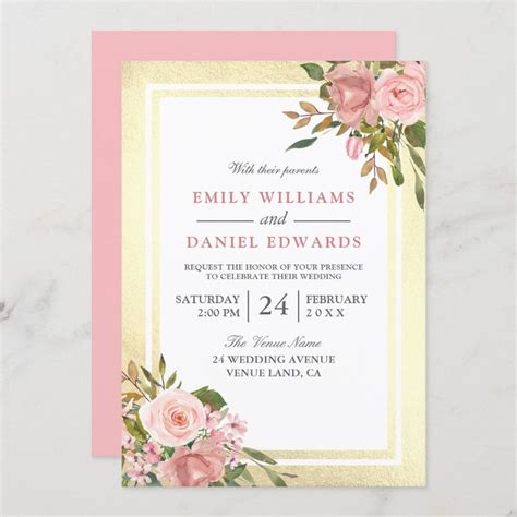 Pink Rose Gold Flowers Golden Border Wedding Invitation Zazzle In