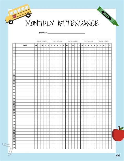 Printable Monthly School Attendance Sheet 7 Attendance Sheet Template