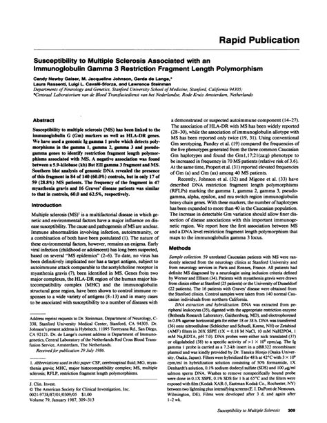 Pdf Susceptibility To Multiple Sclerosis Associated With An Immunoglobulin Gamma 3 Fragment