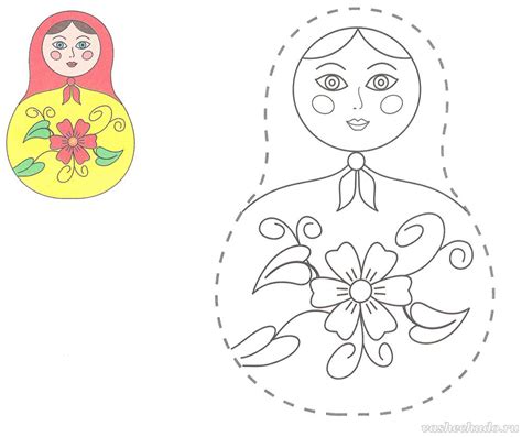 Раскраска для детей 3-5 лет. Матрёшка. Соедини точки и раскрась по образцу