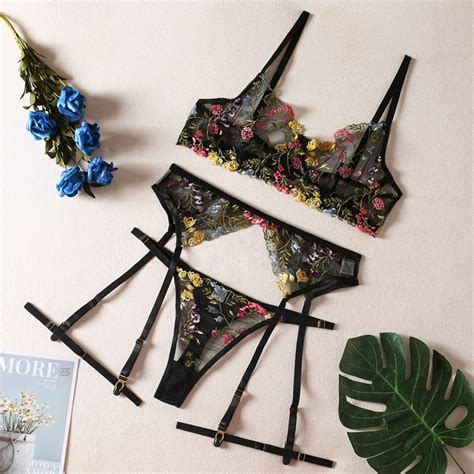 Floral Embroidery Lace 3 Piece Lingerie Set The Black Friesian