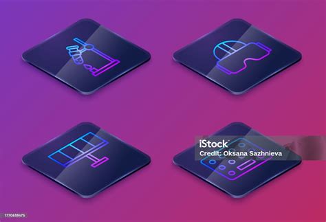 Set Isometric Line Test Tube Flask On Fire Solar Energy Panel Virtual
