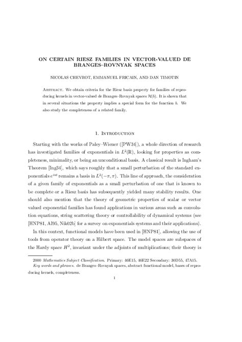 Pdf On Certain Riesz Families In Vector Valued De Branges Rovnyak Spaces