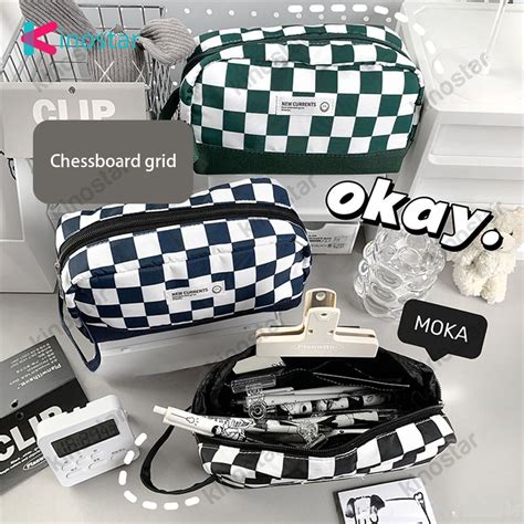 Checkerboard Grid Pencil Bag Công Suất Lớn Zipper Đồ Dùng Học Tập Tổ
