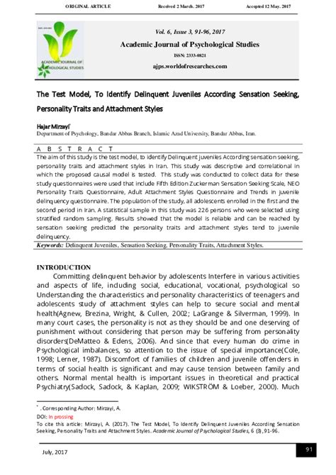 Pdf The Test Model To Identify Delinquent Juveniles According