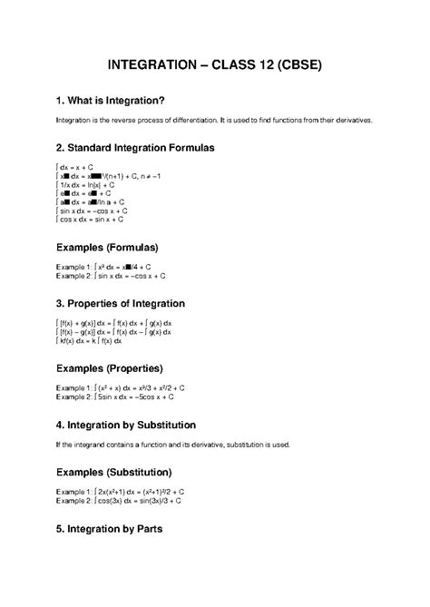 Integration Notes For Class 12 Cbse Studocu