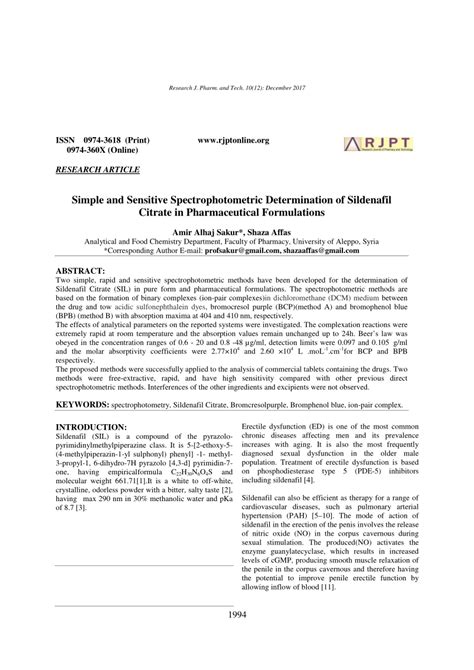 Pdf Simple And Sensitive Spectrophotometric Determination Of Sildenafil Citrate In
