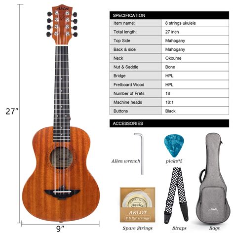Aklot 8 String Ukulele Tenor Mahogany 26 Inch 18 Frets Hawaiian Guitar