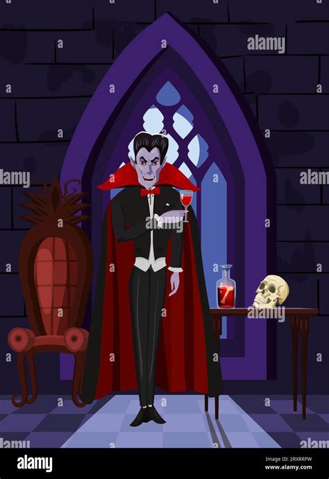 Dracula Vampire Character Welcomes Guests In Black Red Cape With