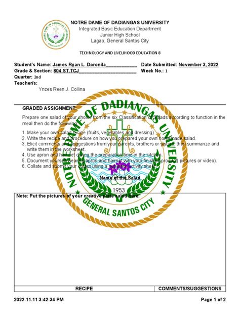 Worksheet 1 Graded Assignment 1 Classification Of Salad Pdf