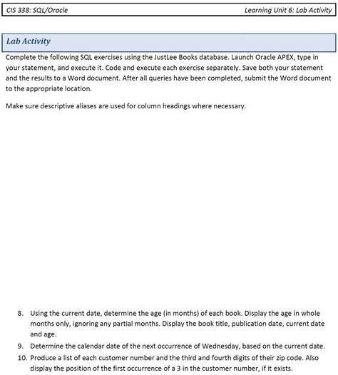 solved cis 338 sql oracle learning unit 6 lab activity lab